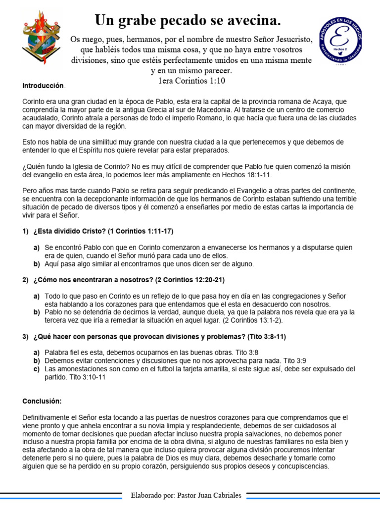 Un Grabe Pecado Se Avesina 24-Sep-23 | PDF | Pablo el apóstol | Corinto ...