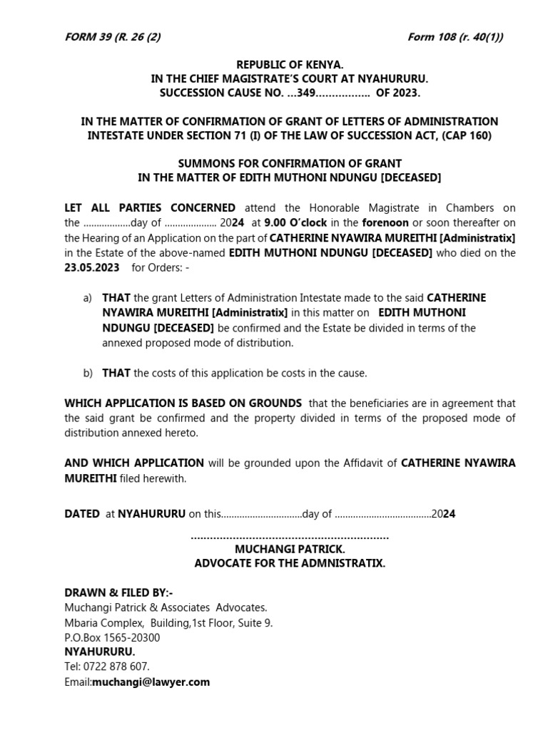Form 39 .Summons For Confirmation of Grant in The Estate of Edith ...