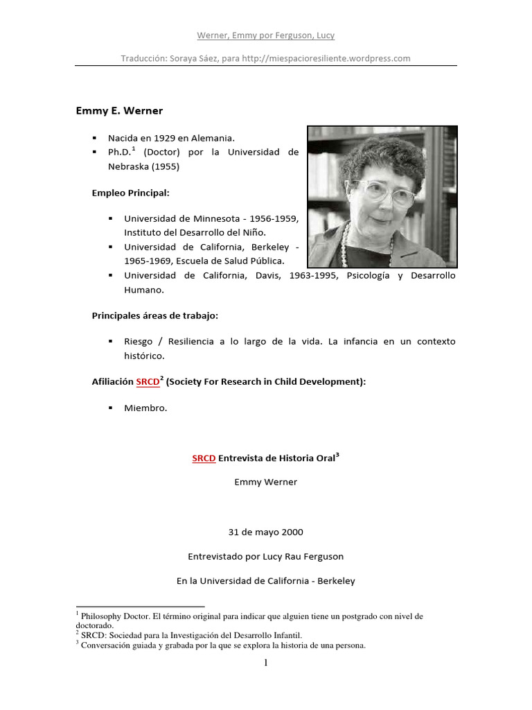 Resilienica - Entrevista Emmy Werner | PDF | Verdad | Sicología
