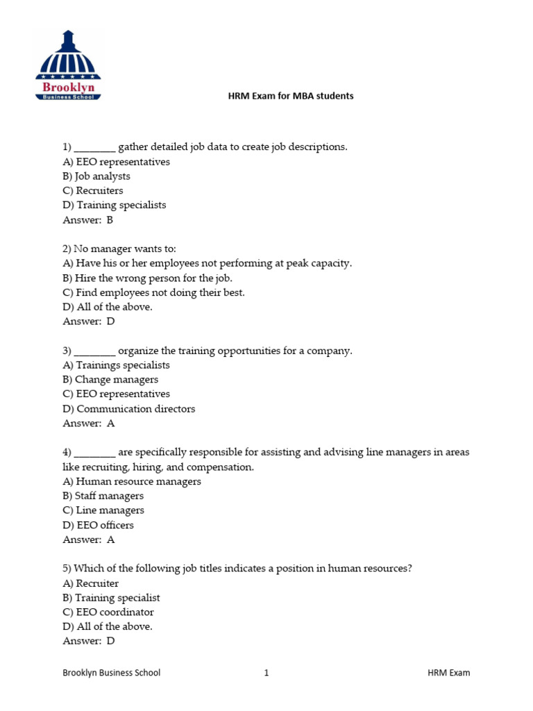 HR Exam Sample With Answers | PDF | Human Resource Management ...