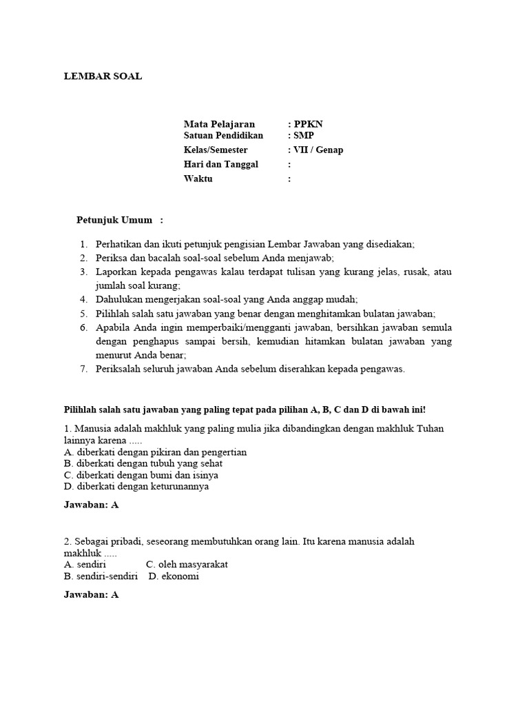 SOAL PAT PKN Kelas 7 Semester 2 Kurikulum Merdeka | PDF