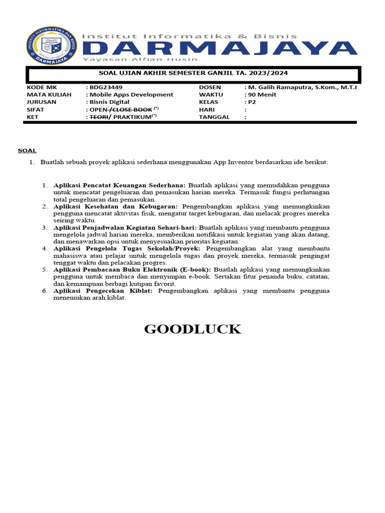 Soal Uas Mobile Apps Development 2023-2024 - Praktikum | PDF