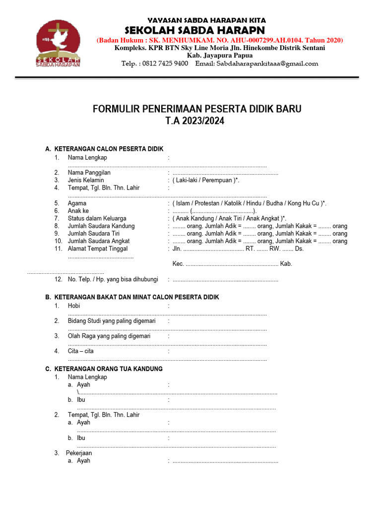 Formulir Penerimaan Peserta Didik Baru | PDF
