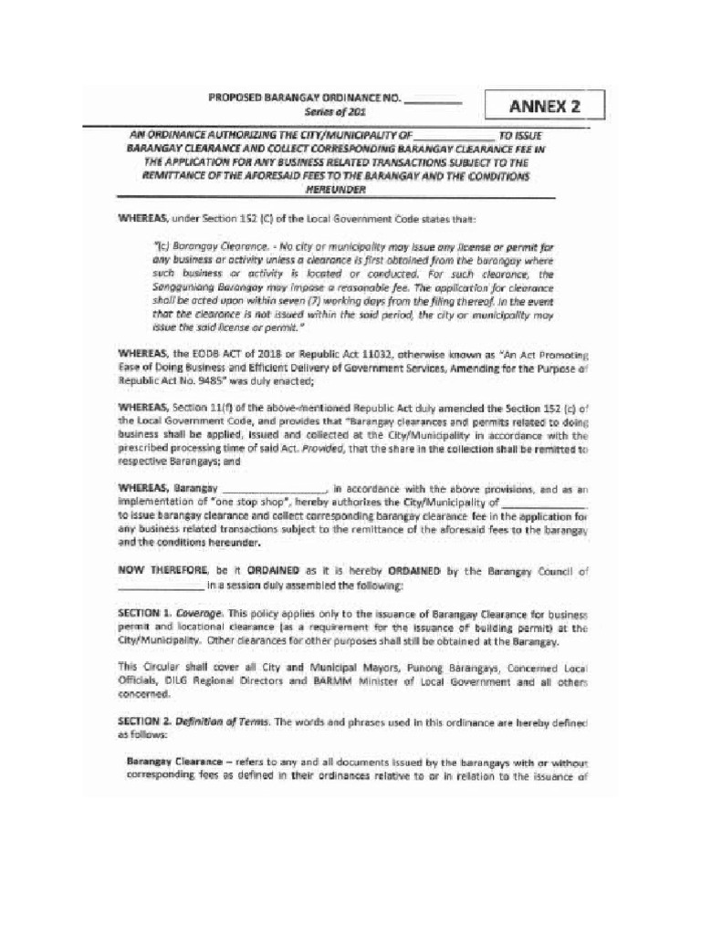 Barangay Ordinance - Integration of Brgy. Clearance | PDF