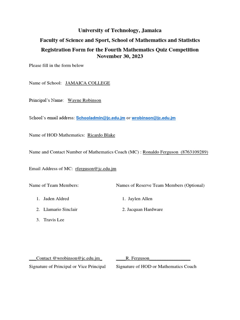 Jamaica College Math Quiz Registration | PDF | Sports & Recreation ...