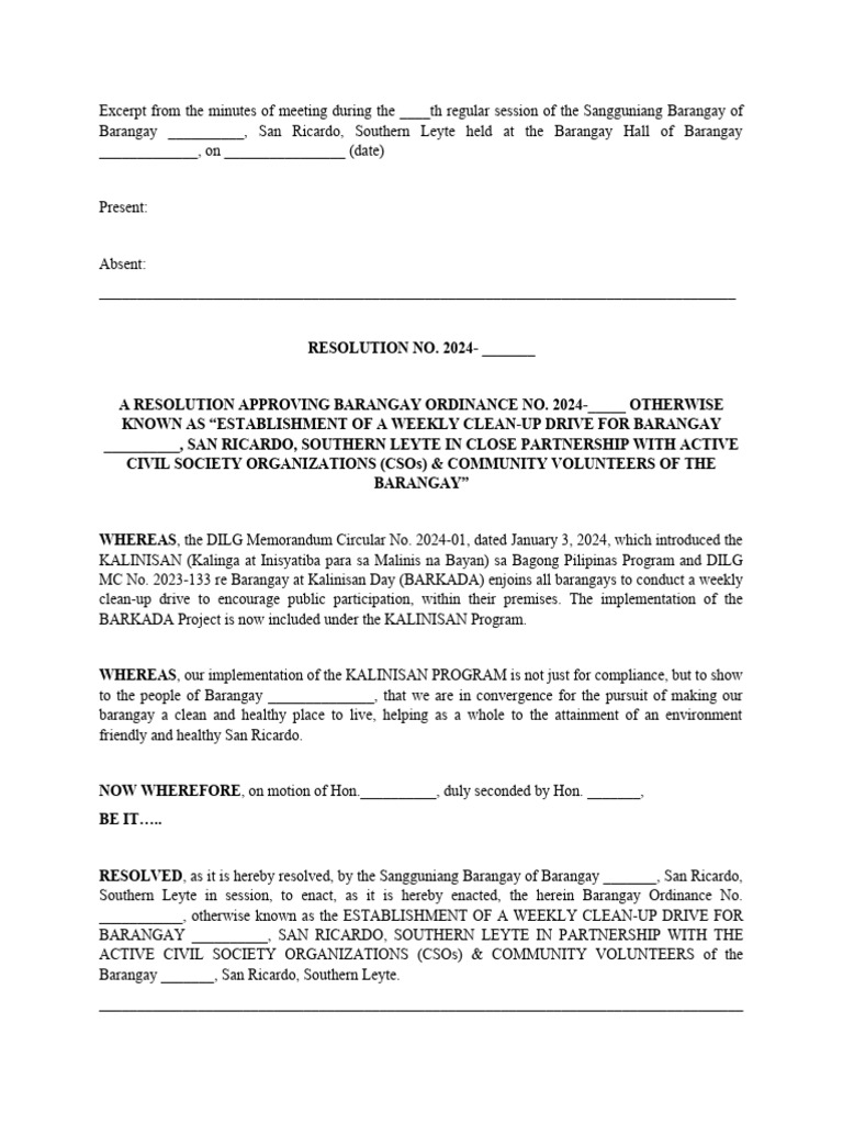 Barangay Weekly Clean-Up Drive Resolution | PDF | Waste Management | Waste
