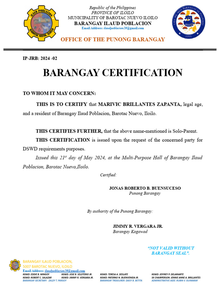 Barangay Certification for Solo Parent | PDF