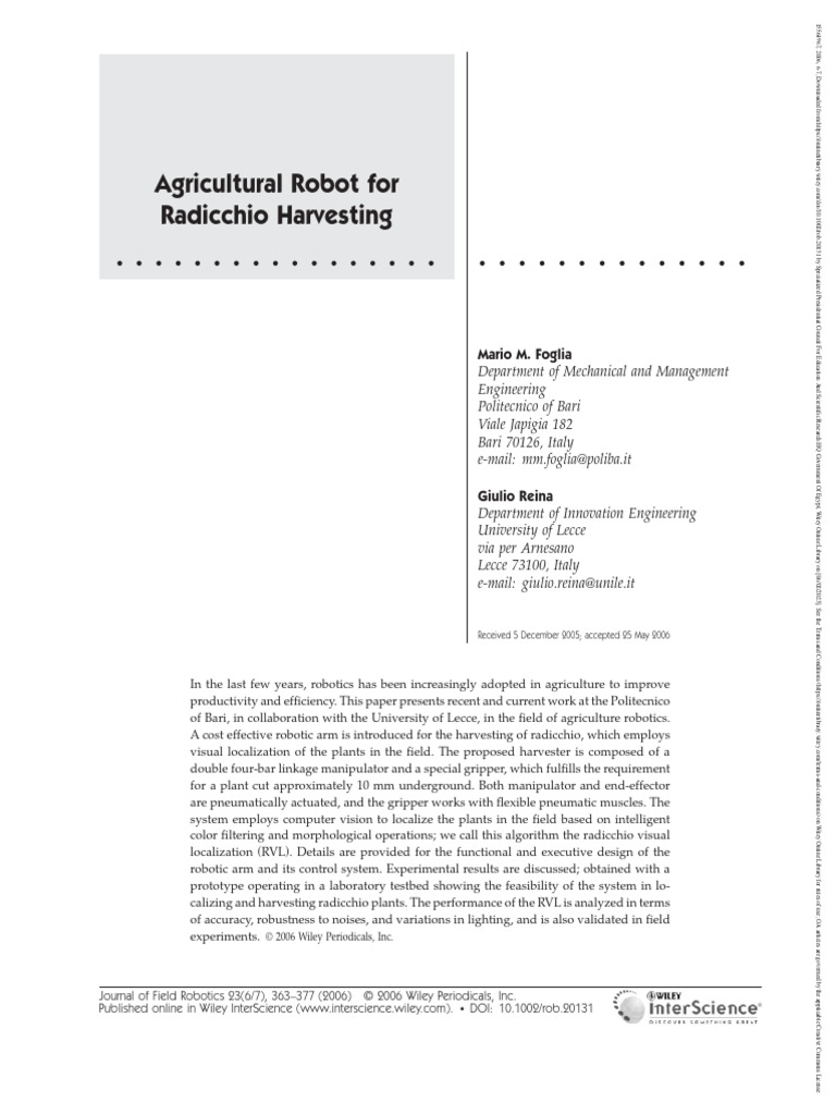Journal of Field Robotics - 2006 - Foglia - Agricultural Robot For Radicchio Harvesting | PDF ...