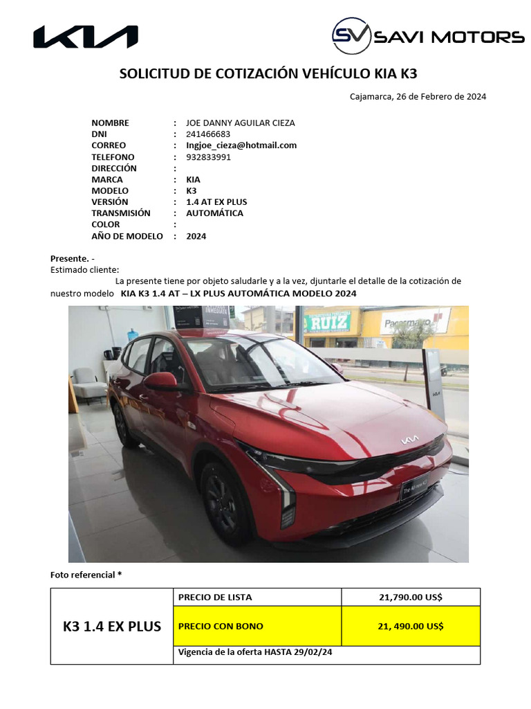 Proforma Kia k3 Plus | PDF | Vehículo de motor | Industria automotriz