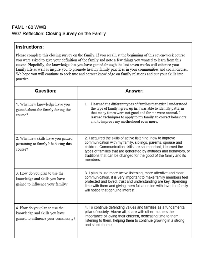 W07 Family Course Reflection Survey | PDF | Family | Attachment Theory