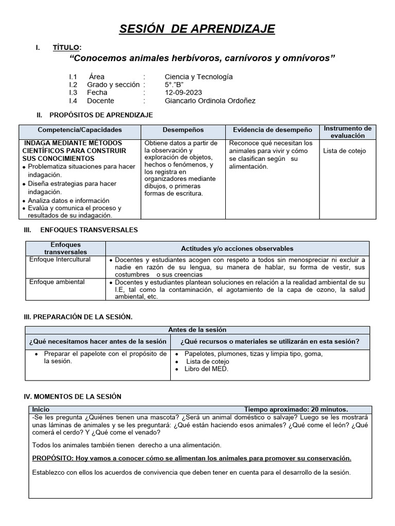 SESION DE APRENDIZAJE Conocemos Animales Herbívoros, Carnívoros y ...