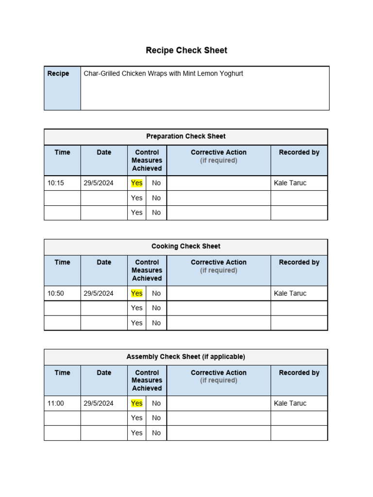 Recipe Check Sheet (Repaired) | PDF