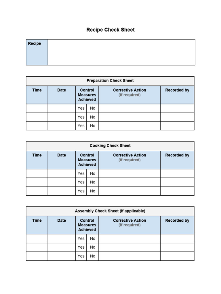 Recipe Check Sheet | PDF