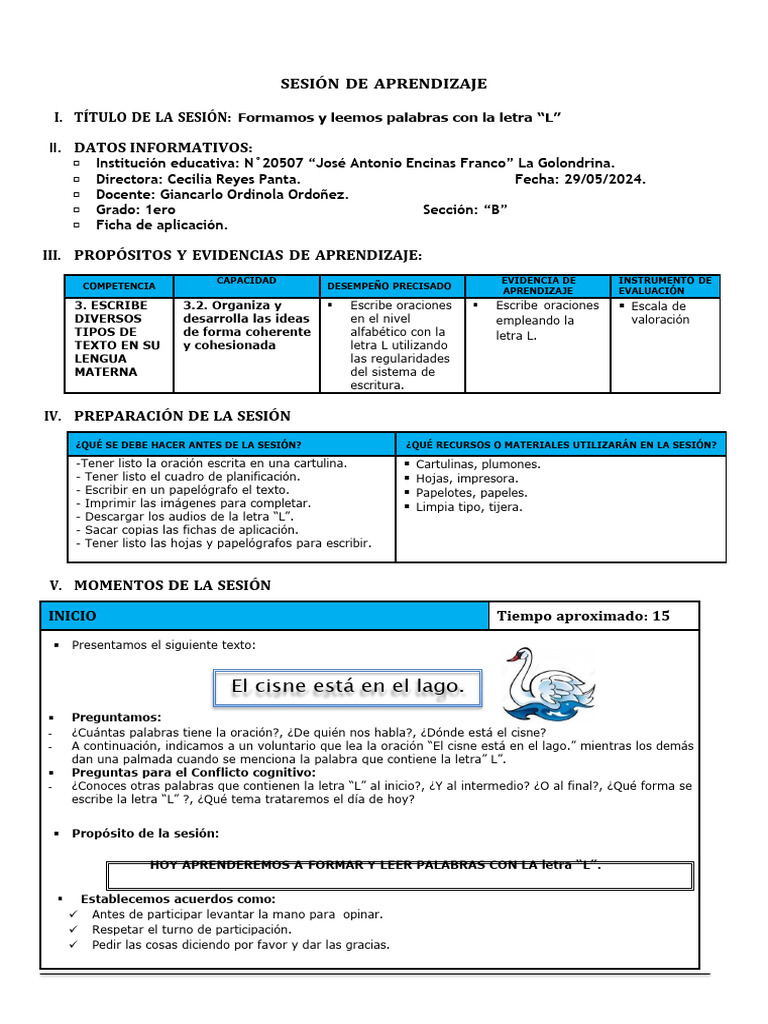 SESION DE APRENDIZAJE Formamos y Leemos Palabras Con La Letra L | PDF | Aprendizaje | Caso de carta