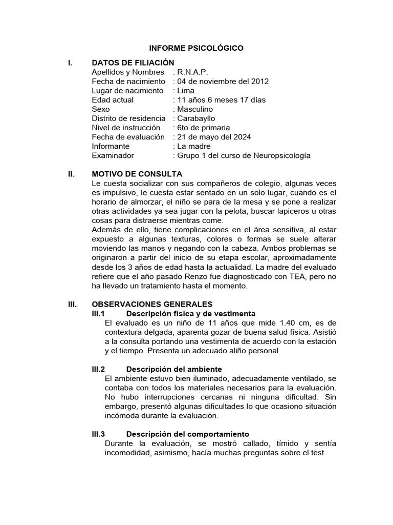 Wisc V - Informe Psicológico | PDF | Conceptos psicologicos | Sicología