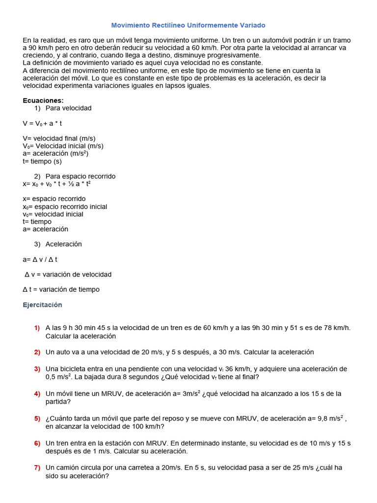 Movimiento Rectilíneo Uniformemente Variado | PDF | Velocidad | Aceleración