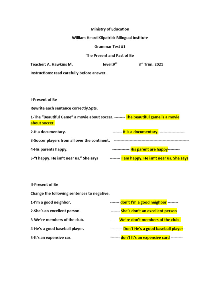Grammar Test - 1 Verb Be, 9th 3rd Trim. 2021 Bastiam Morales | PDF ...