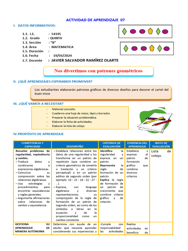 Patrones Gráficos para Quinto de Primaria | PDF | Aprendizaje | Evaluación