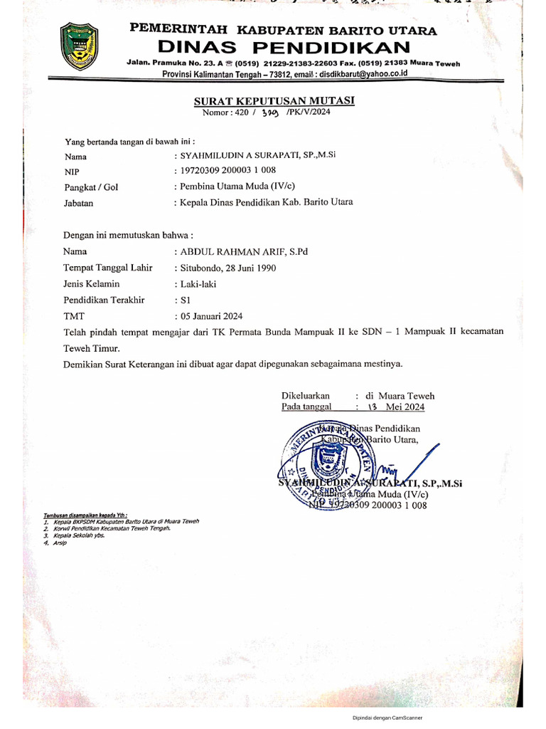 Berkas Usul Mutasi PTK SDN1 Mampuak II - Abdul Rahman Arif | PDF