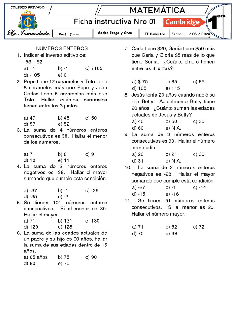 2 Sec - Numeros Enteros - Inmaculada | PDF