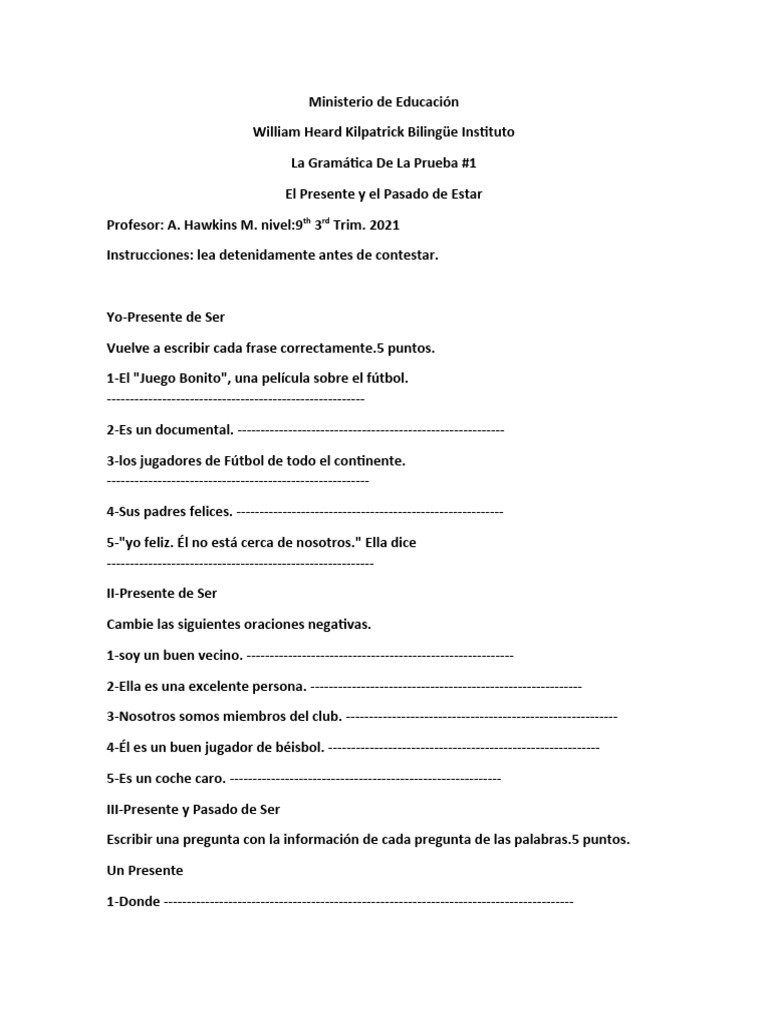 Grammar Test - 1 Verb Be, 9th 3rd Trim | PDF