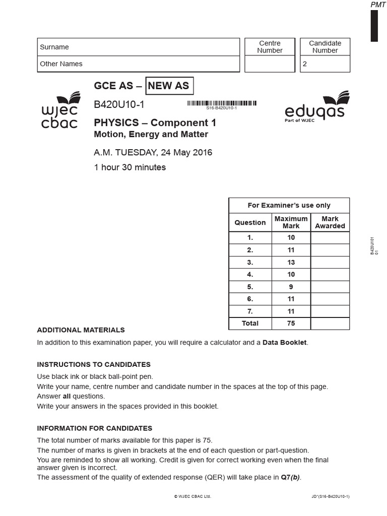 June 2016 QP - Component 1 WJEC Physics AS-level | PDF | Physical ...