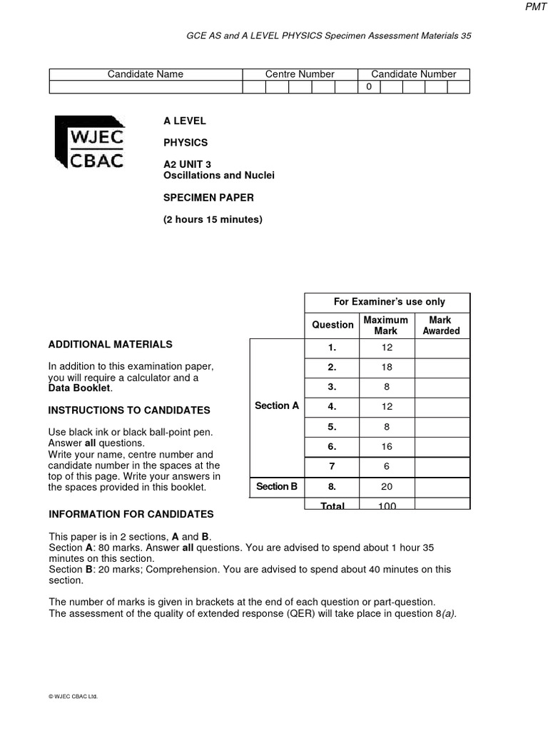Specimen QP - Unit 3 WJEC Physics A-Level | PDF | Radioactive Decay | Gases