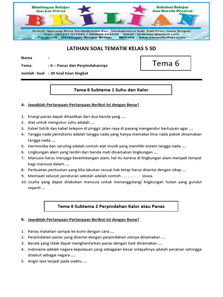 Soal Isian Singkat Kelas 5 SD Tema 6 Panas Dan Perpindahannya | PDF
