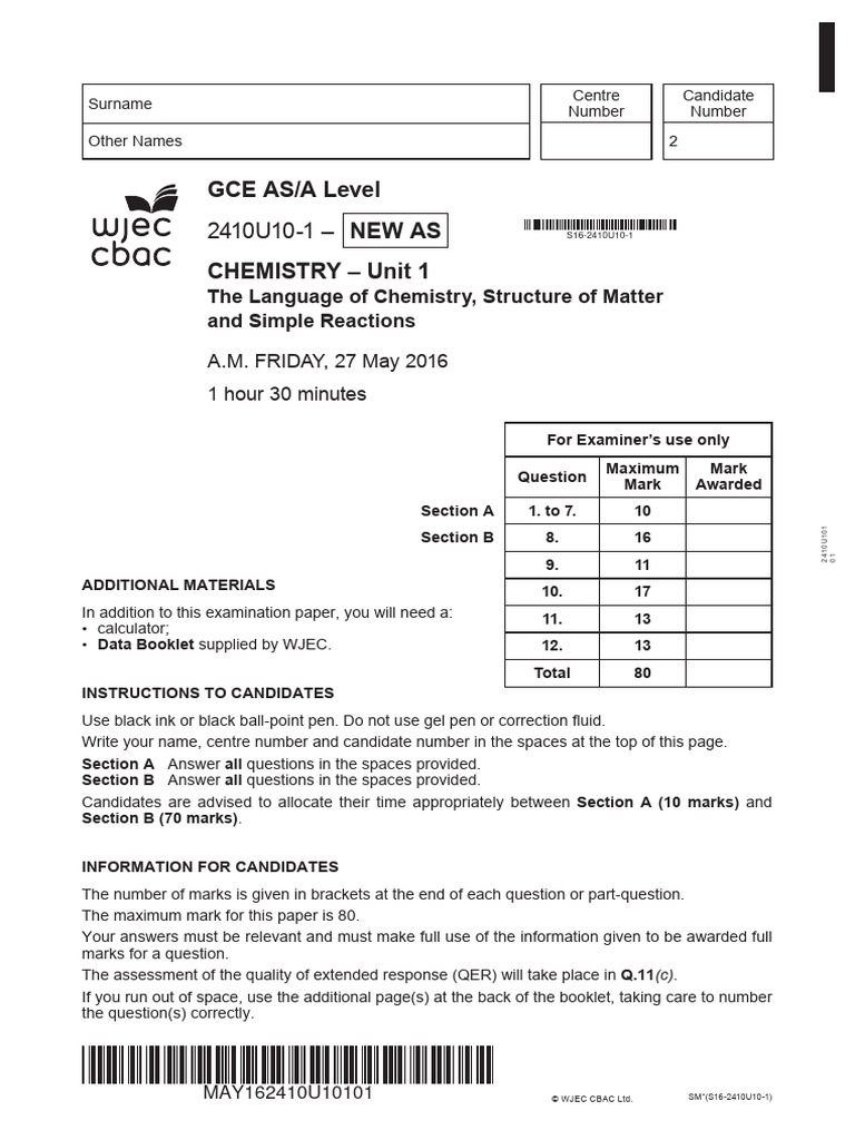 June 2016 QP - Unit 1 WJEC Chemistry A-Level | PDF | Ammonium | Radioactive Decay