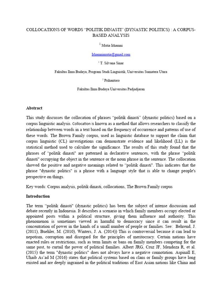 Kolokasi Kata ''Politik Dinasti'' Dalam Kajian Korpus - Mutia Irhamni ...