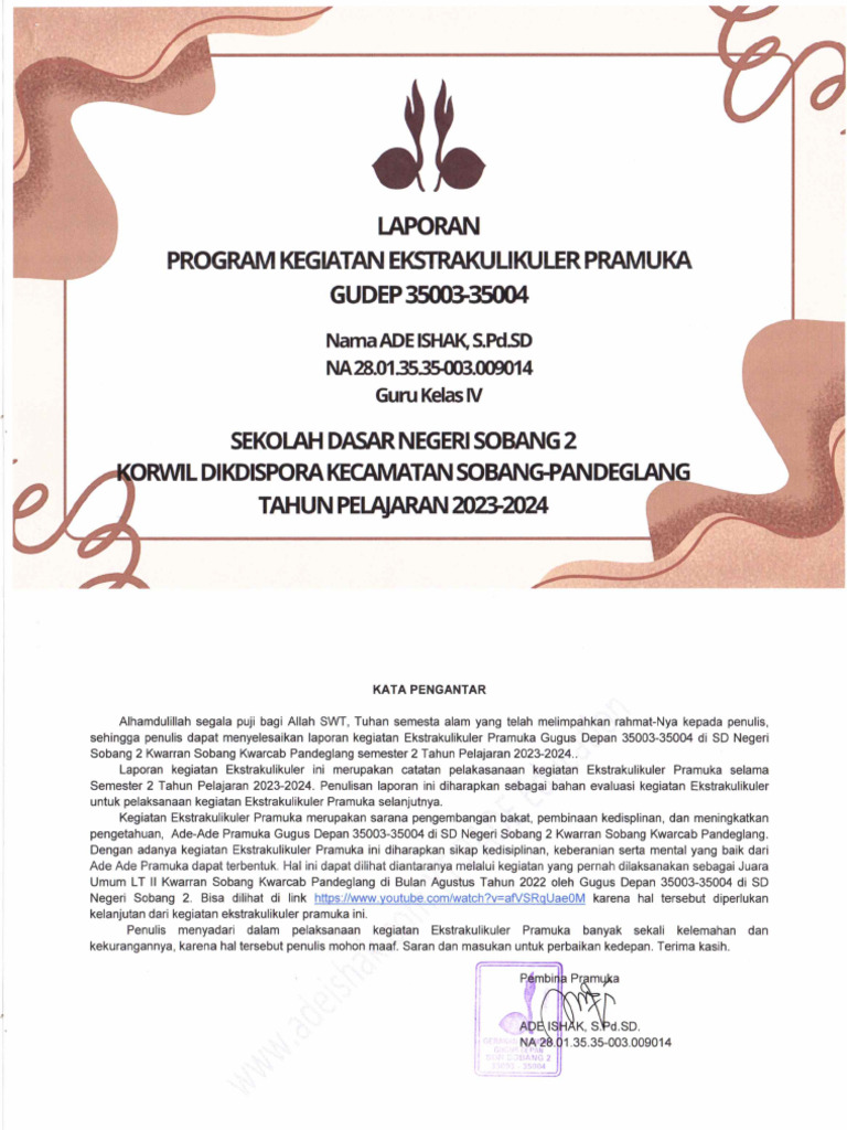 Laporan Program Kegiatan Pramuka Semester 2 TP 2023-2024 Adeishak - Com Youtube PADE Education | PDF