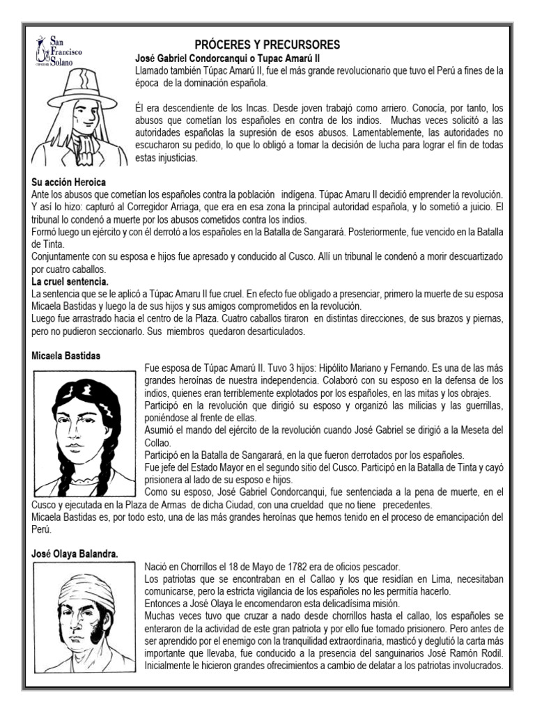 Ficha PS 25 - 09 Próceres y Precursores | Descargar gratis PDF | Perú | América del Sur