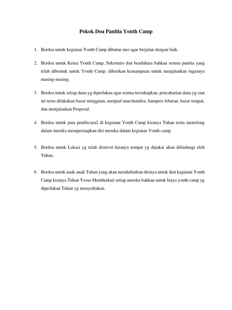 Pokok Doa & Jadwal Puasa Panitia Youth Camp | PDF | Memasak, Makanan ...