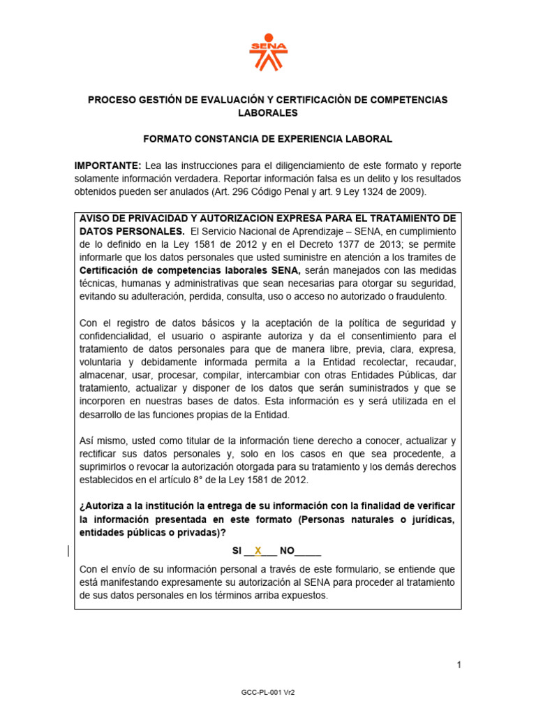 Modelodeconstanciadeexperiencialaboral Sena | PDF | Evaluación | Documento de identidad
