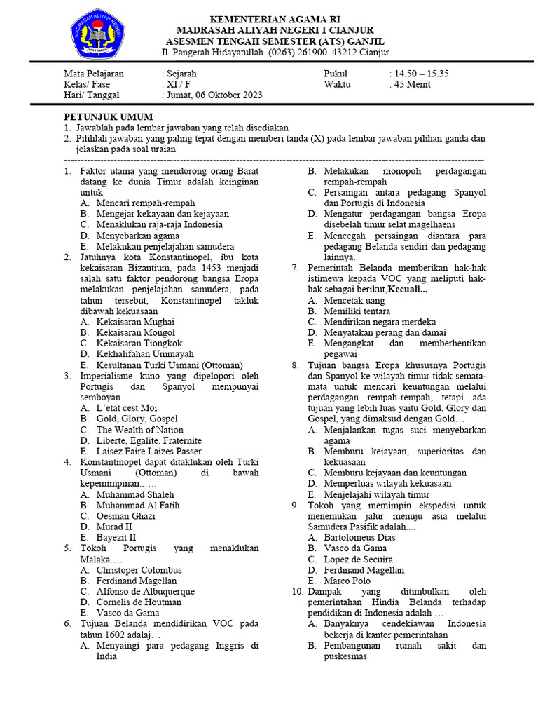 Naskah Soal Ats Sejarah Xi Ganjil 2023-2024 | PDF | Perjalanan