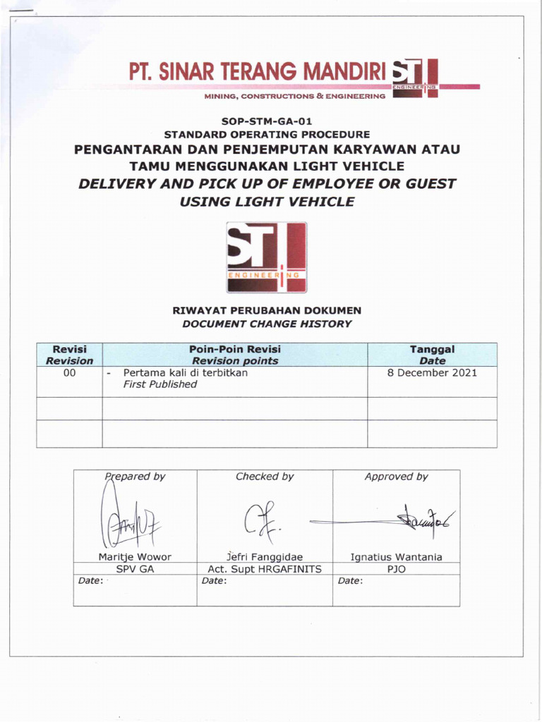 SOP-STM-GA-01 PENGANTARAN DAN PENJEMPUTAN KARYAWAN ATAU TAMU MENGGUNAKAN LIGHT VEHICLE | PDF