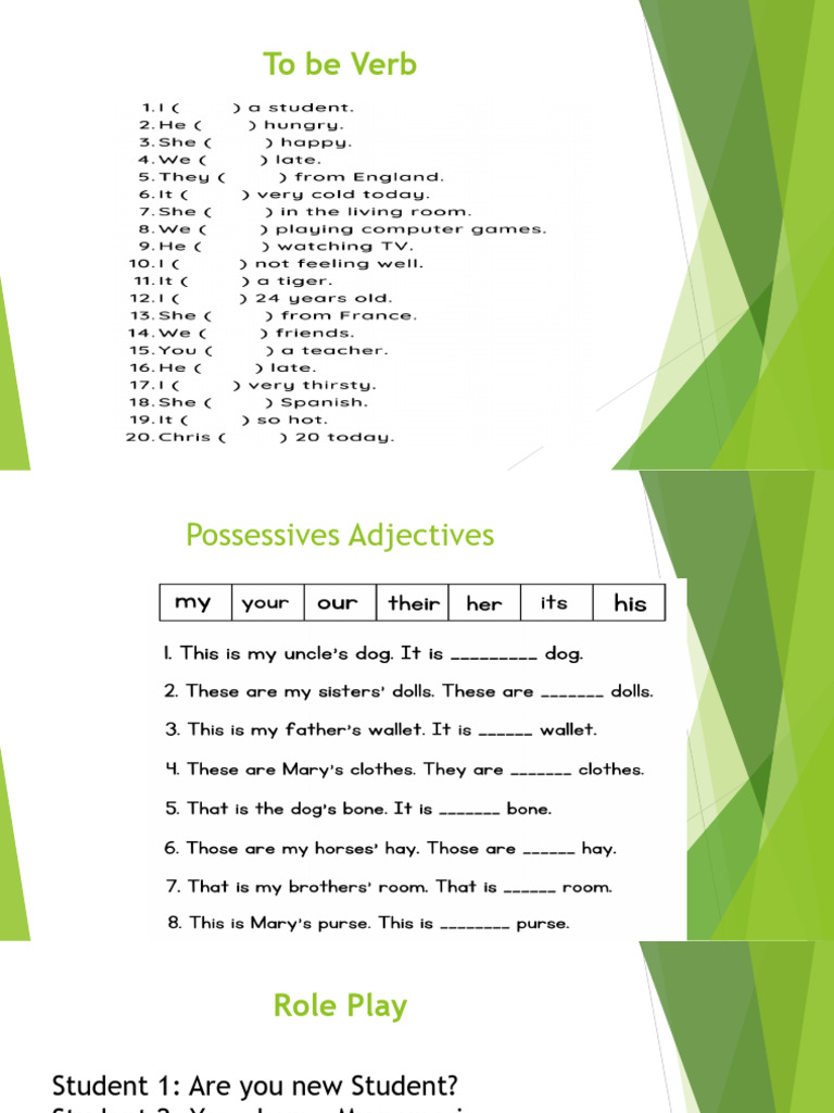 Role Play: Using "To Be" and Possessives | PDF | Self-Improvement