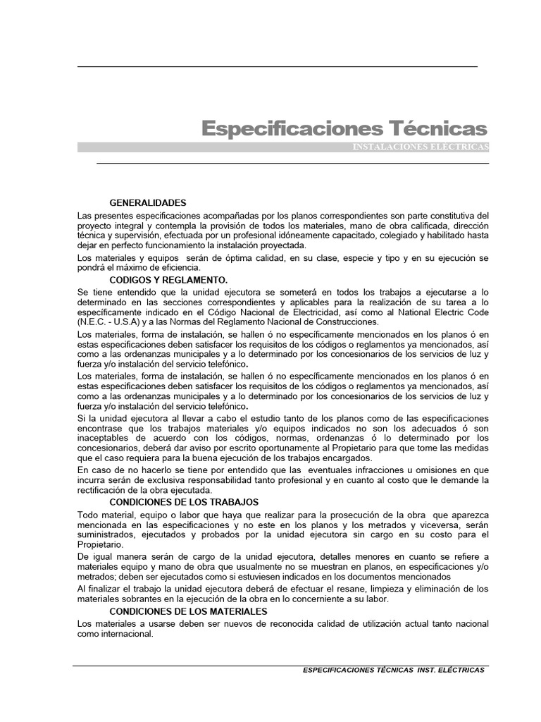 Especificaciones Técnicas Eléctricas | PDF | Enchufes y tomas de corriente alterna | Aislador ...