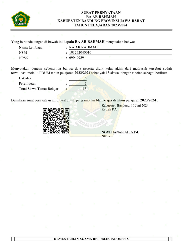 Surat Pernyataan PDUM RA Ar Rahmah | PDF