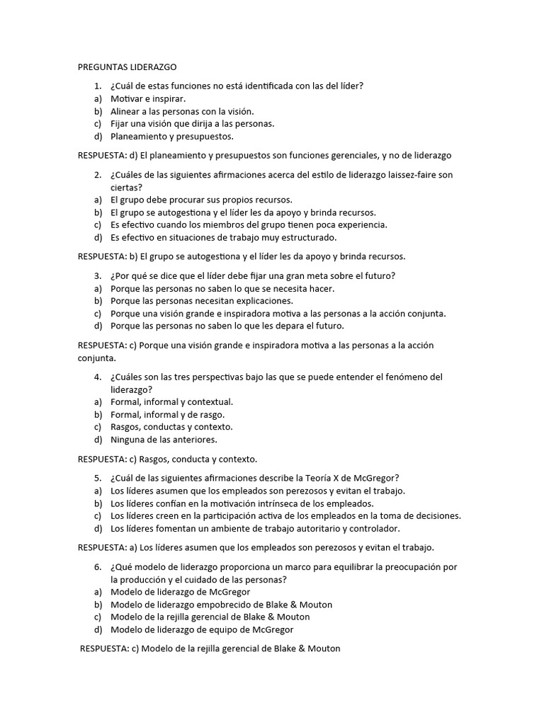 Preguntas Liderazgo | Descargar gratis PDF | Liderazgo | Las emociones Preguntas Liderazgo | Descargar gratis PDF | Liderazgo | Las emociones
