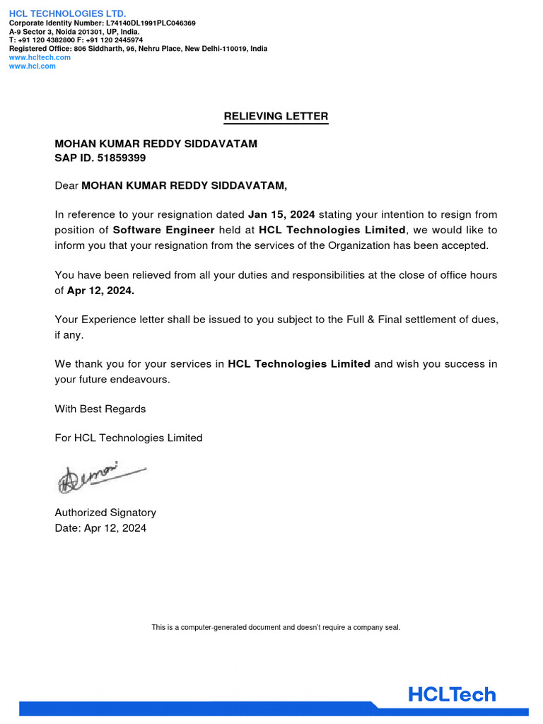 Relieving Letter | PDF | Business