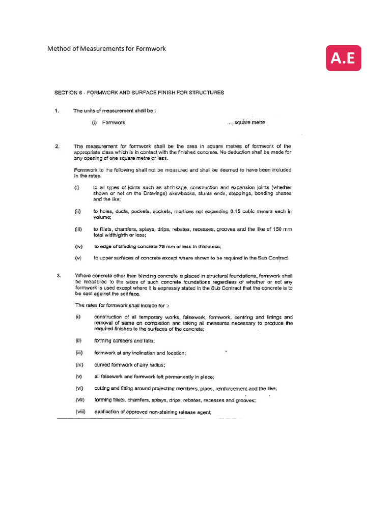Method of Measurement - Formwork | PDF
