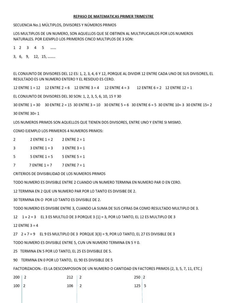 Repaso de Matematicas Primer Trimestre | PDF | Números | División ...
