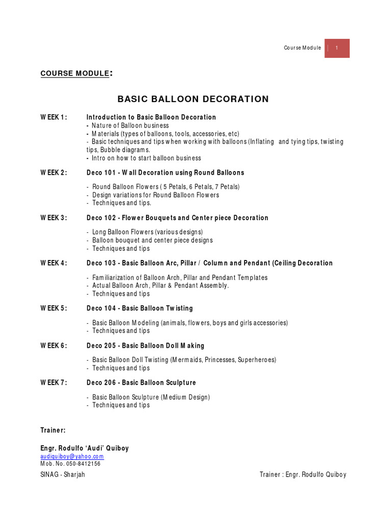 Basic Balloon Decoration Course Module | PDF | Career & Growth | Art