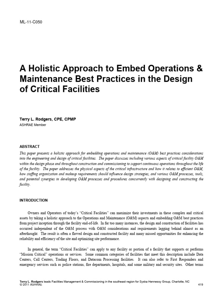 A Holistic Approach To Embed Operations & Maintenance Best Practices in The Design of Critical ...