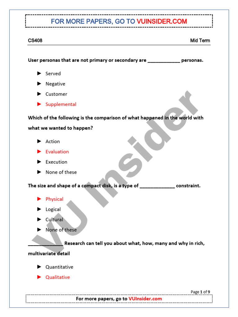 CS408 Mid Term Past Paper 3 | PDF | Graphical User Interfaces | Usability