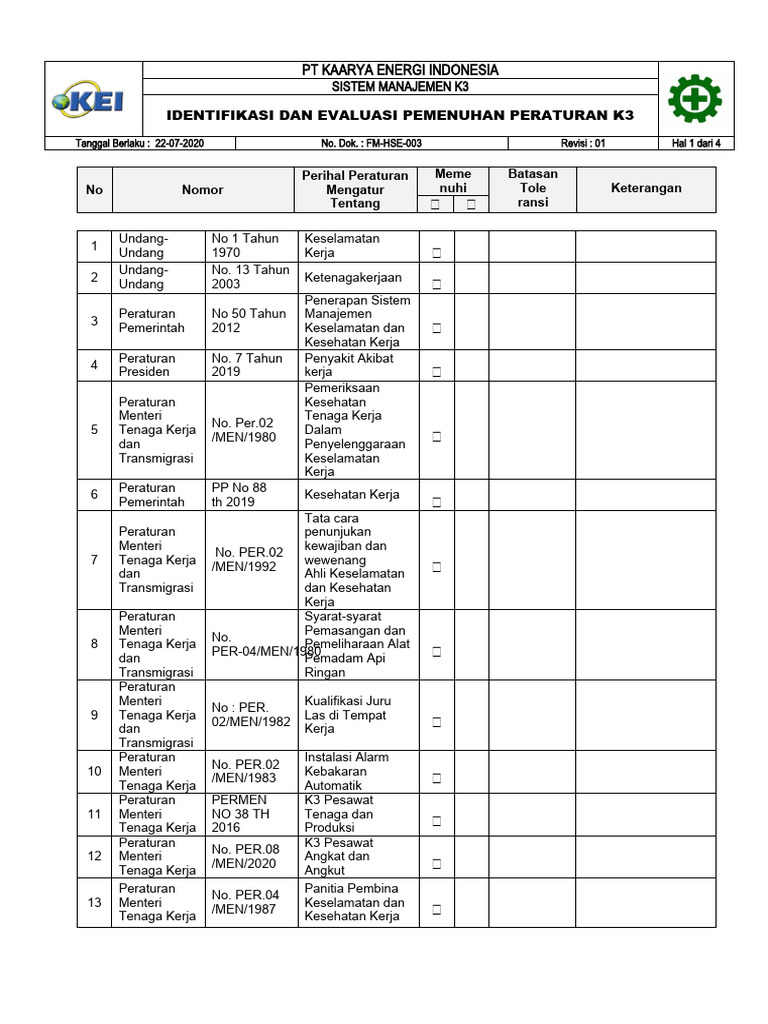 FM-HSE-003 Identifikasi Dan Evaluasi Pemenuhan Peraturan K3 Rev.1 | PDF