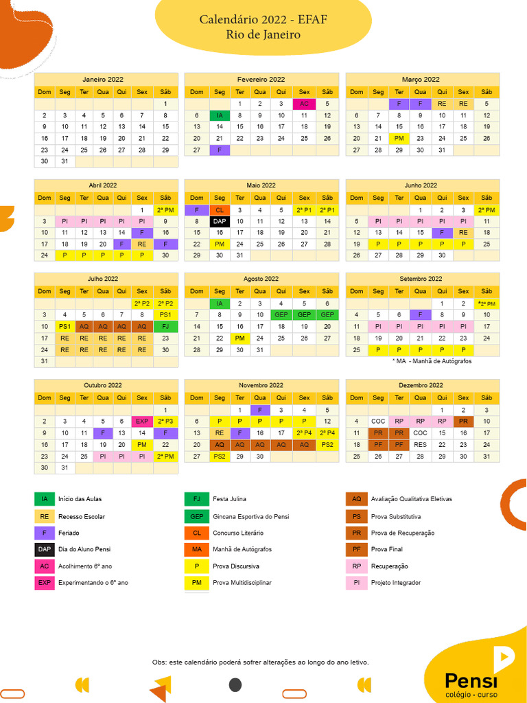 Calendário Escolar 2022 EFAF RJ | PDF
