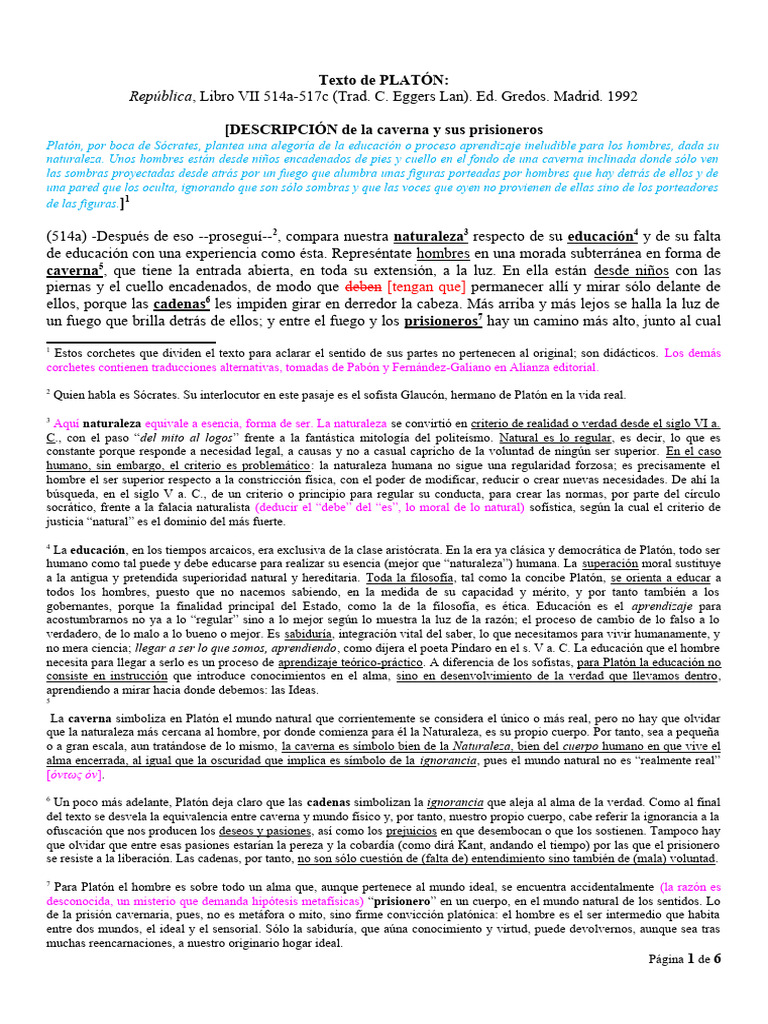Texto de Platón-Mito de la caverna REVISADO para junio 2023 | PDF ...