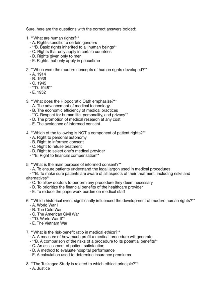 Human Rights & Medical Ethics Quiz | PDF | Informed Consent | Patient